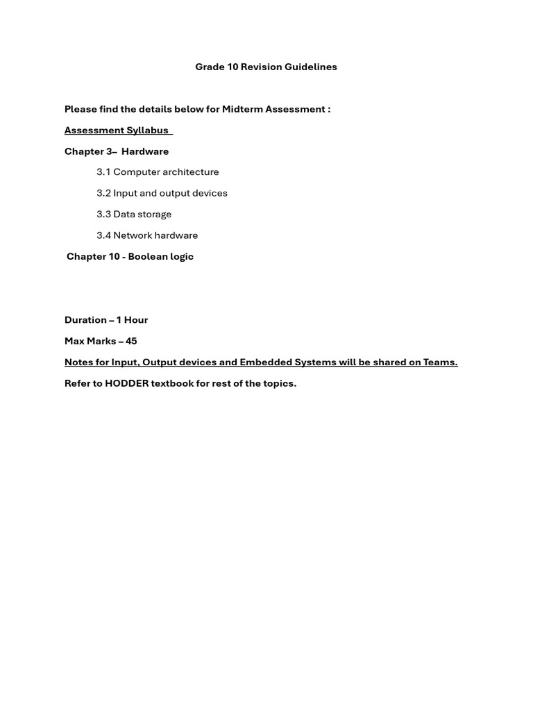 Grade 10 Mid Term Assessment CS Revision Guidelines | PDF