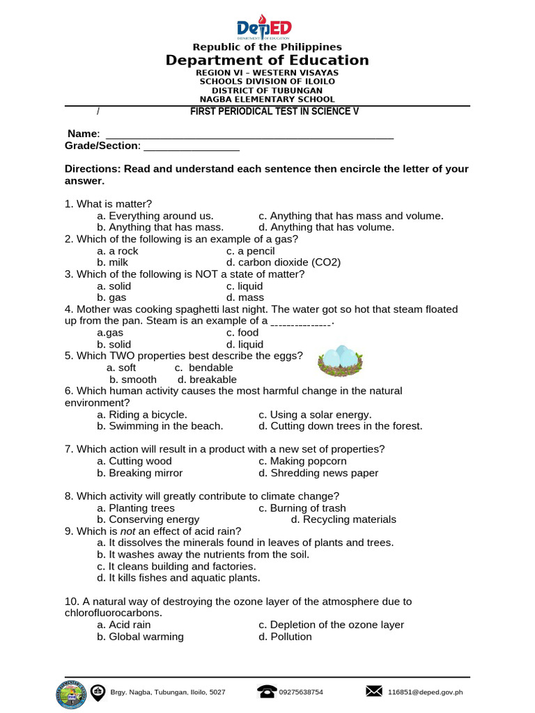 PT - Science 5 - Q1 Tos | PDF