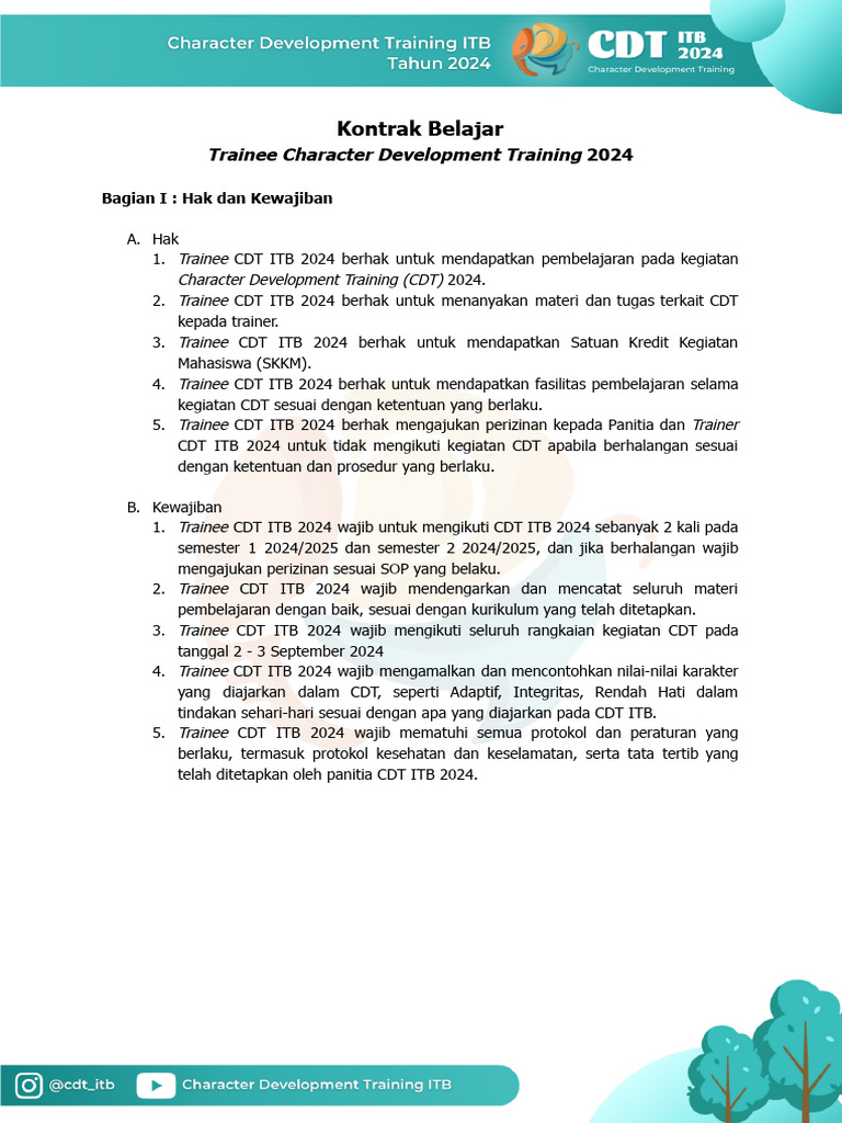 Kontrak Belajar Traniee CDT ITB 2024 | PDF
