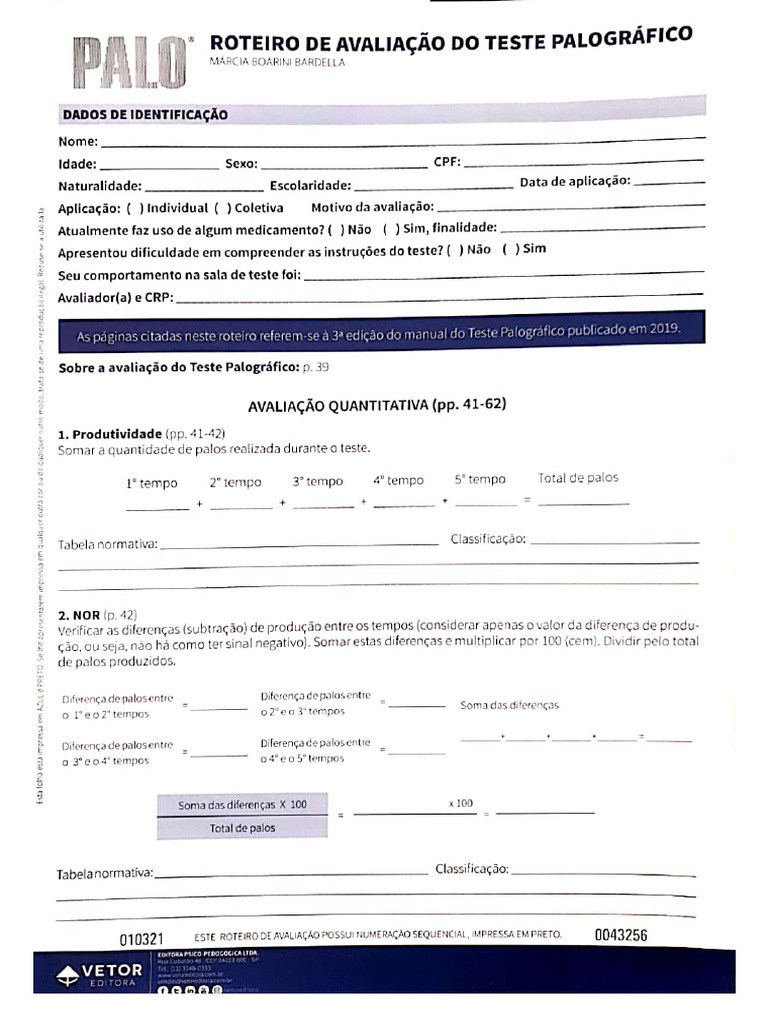 Roteiro de Avaliação Do Teste Palografico | PDF