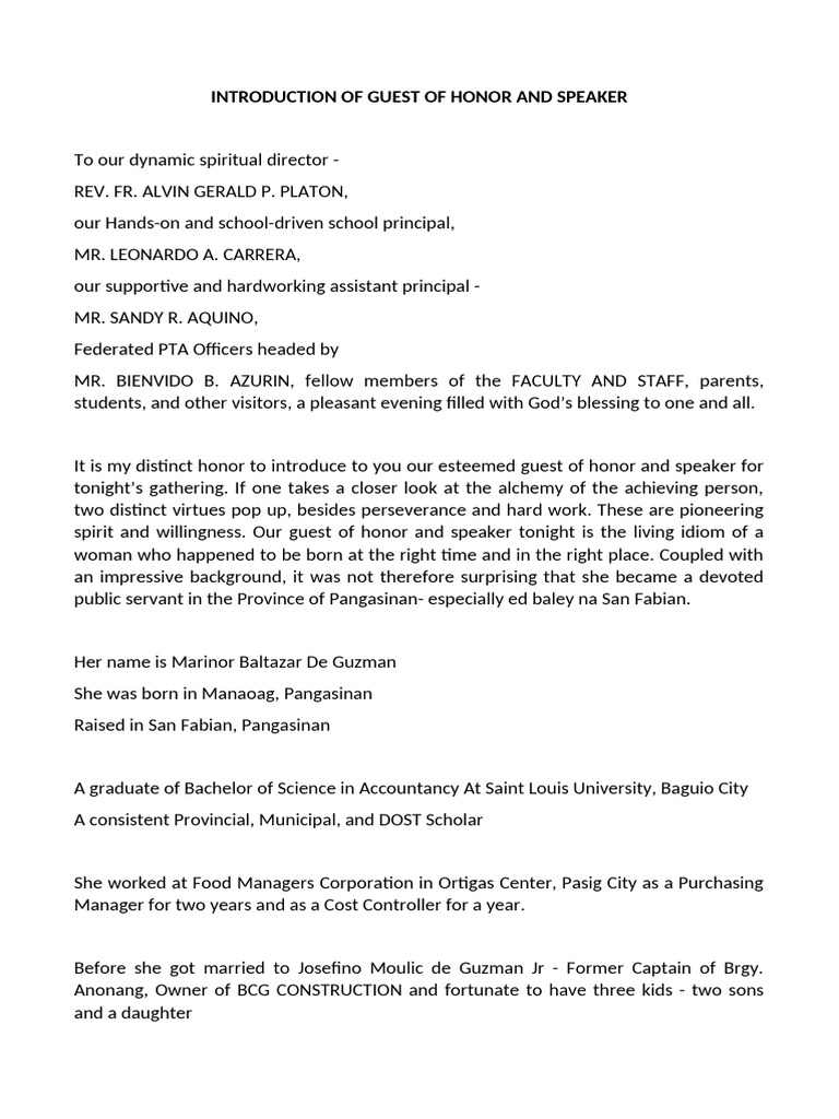 Introduction of Guest of Honor and Speaker | PDF