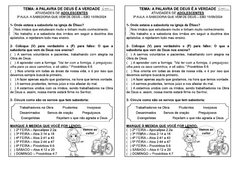 3a Aula - Atividade2 - ADO - A Palavra de Deus e A Verdade - A Sabedoria Que Vem de Deus ...