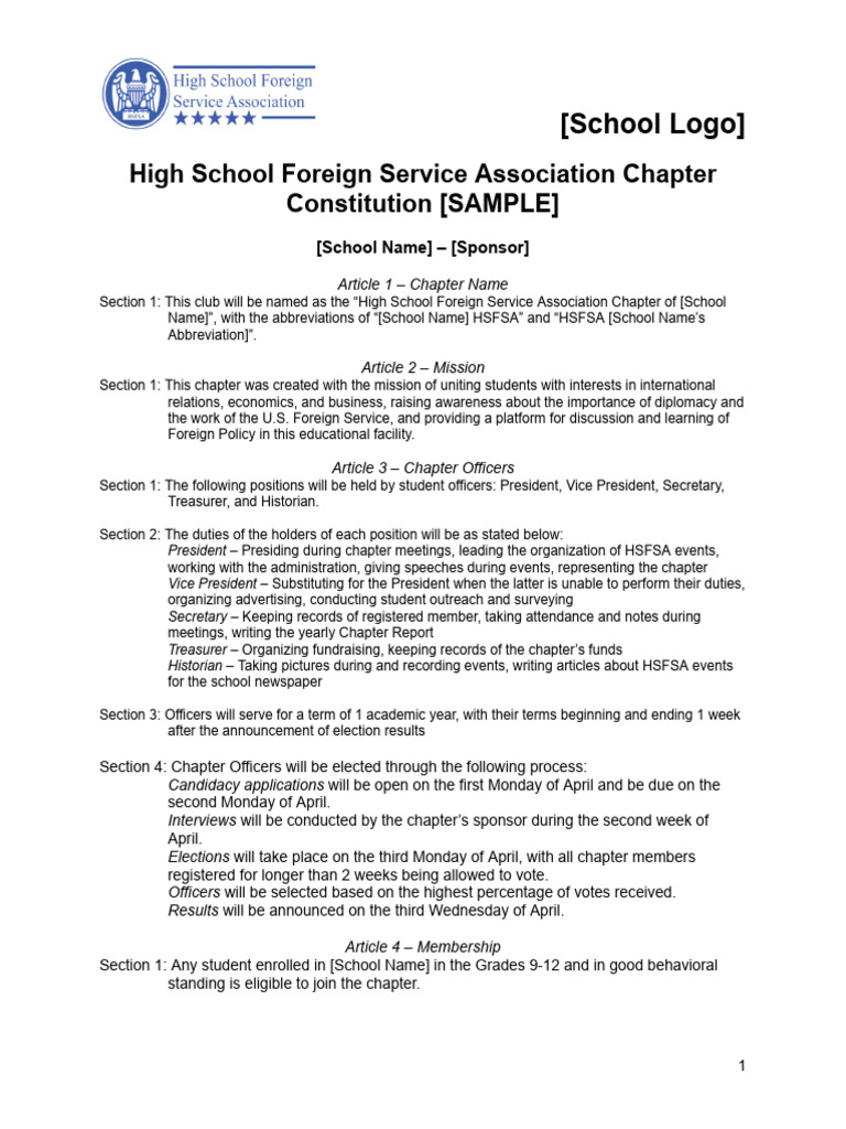 HSFSA Chapter Constitution (SAMPLE) | PDF | Government | Politics