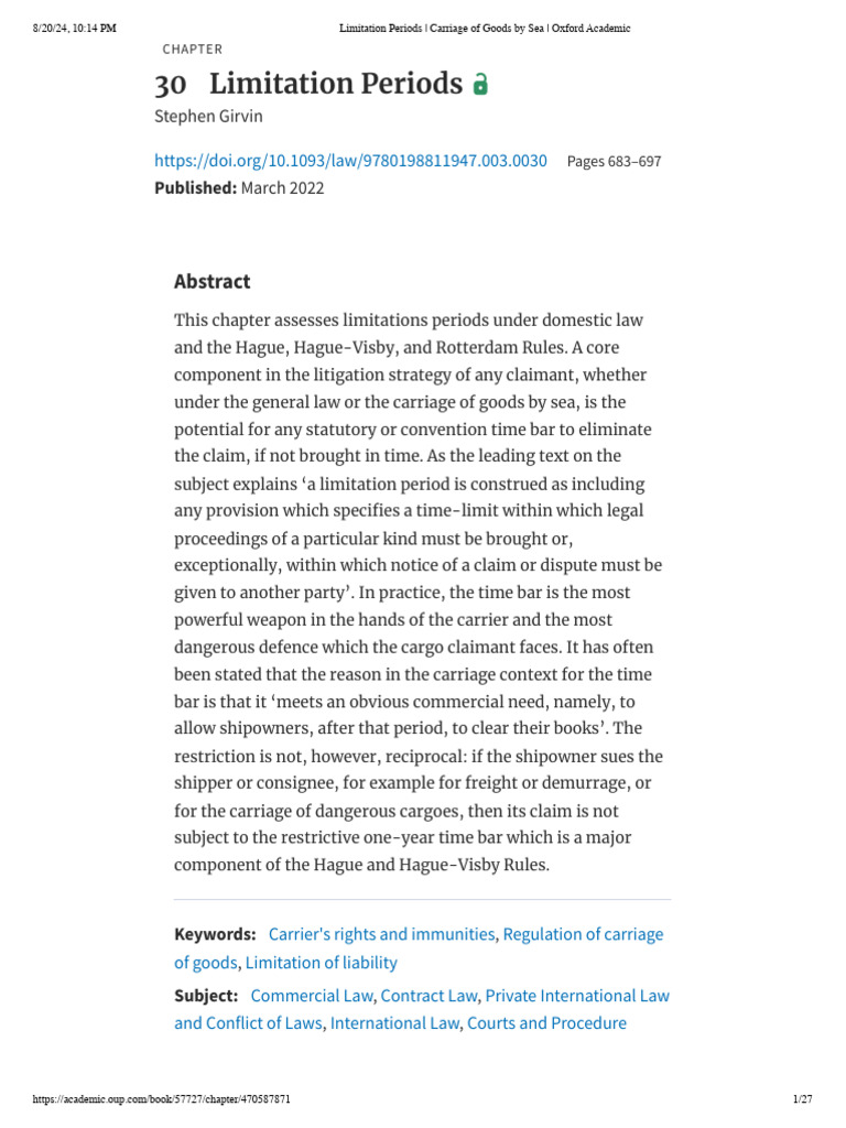 30 Limitation Periods - Carriage of Goods by Sea - Oxford Academic | PDF