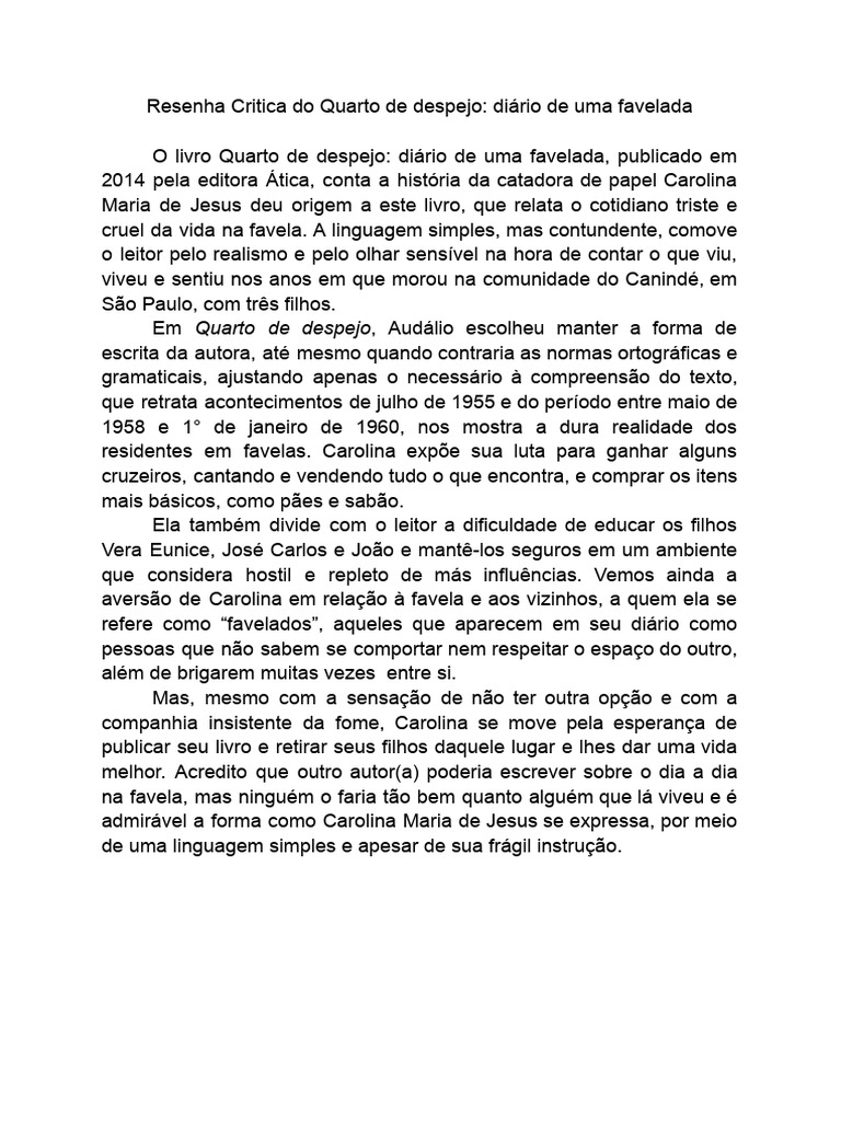 Resenha Critica Do Quarto De Despejo Diário De Uma Favelada Pdf