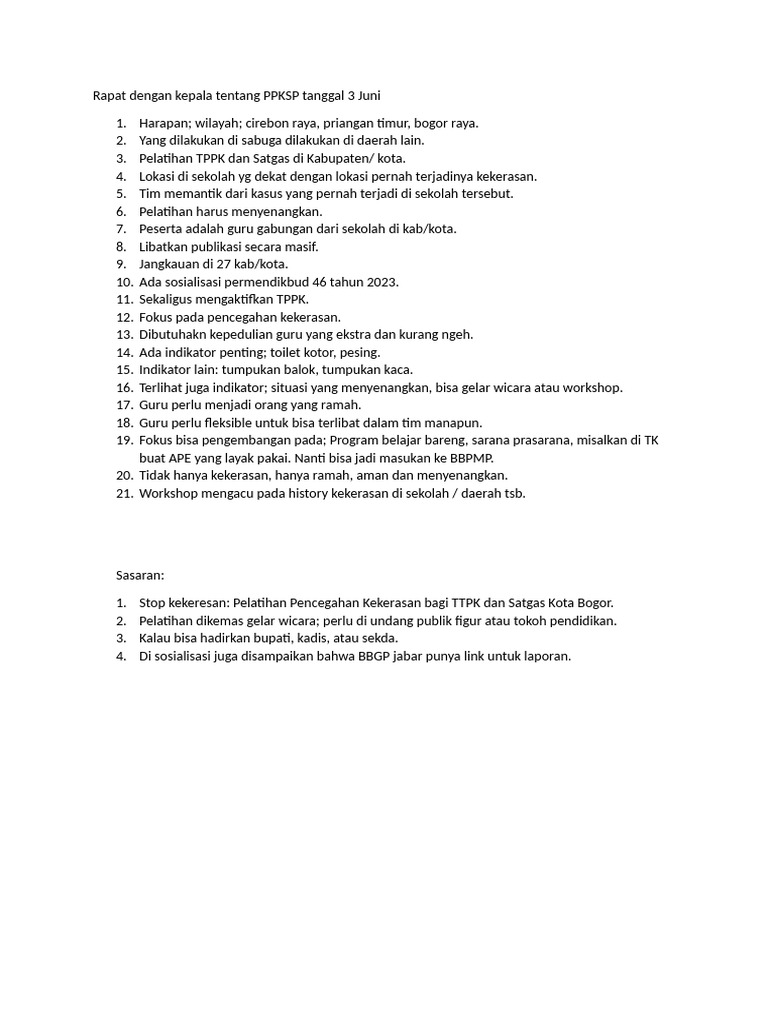 Rapat Dengan Kepala Tentang PPKSP Tanggal 3 Juni | PDF
