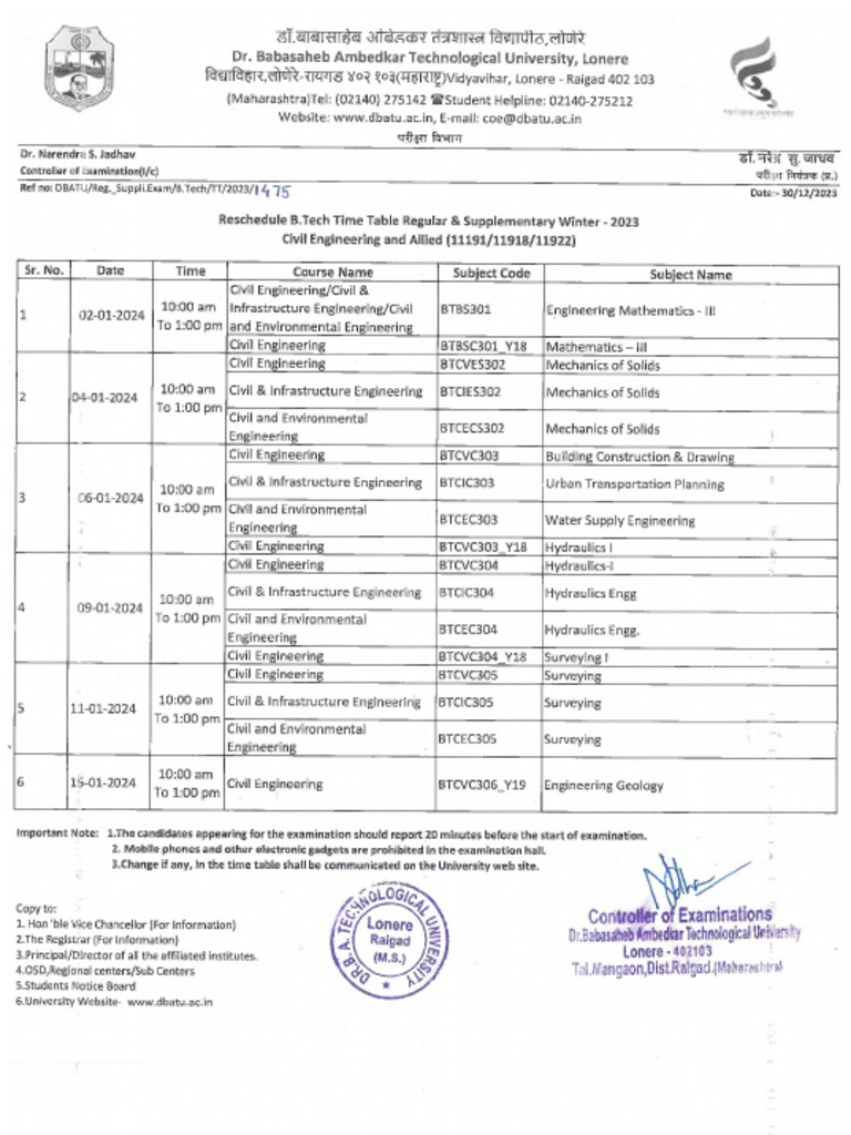 Civil Engg And Allied Revised Time Table Sem 3 1 Pdf