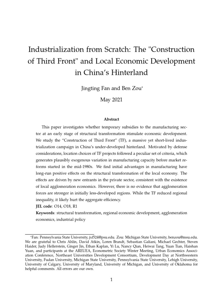 Industrialization From Scratch The "Construction of Third Front" and Local Economic Development ...
