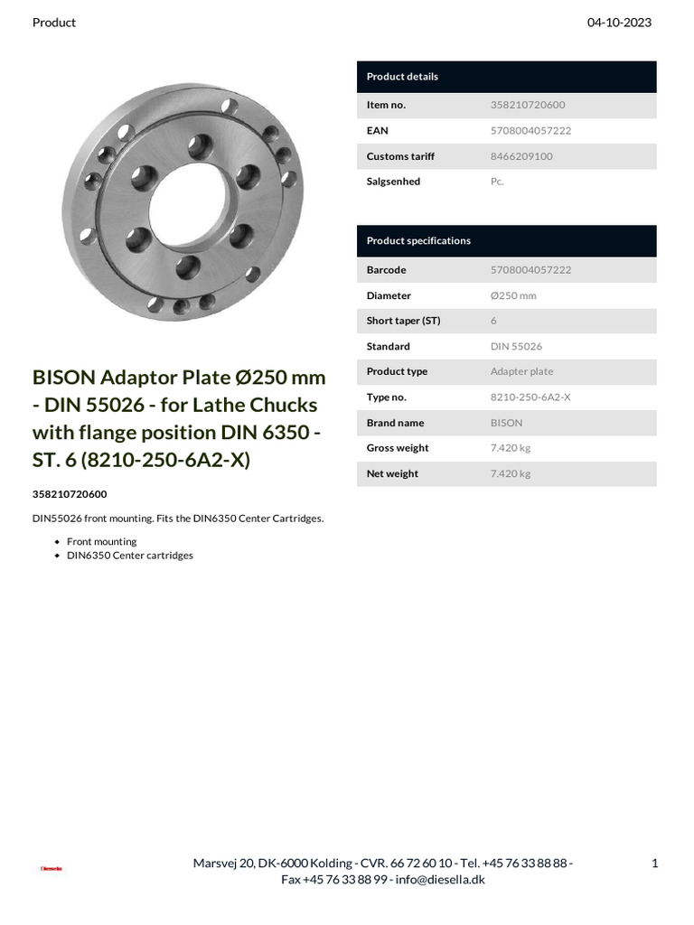 Adaptor Plate For Scroll Chuck Diameter 250 MM, DIN 55026 | PDF