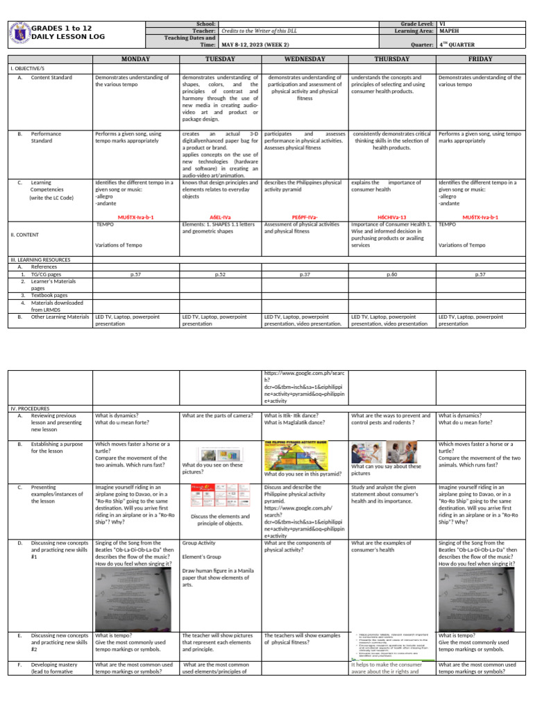 DLL - Mapeh 6 - Q4 - W2 | PDF