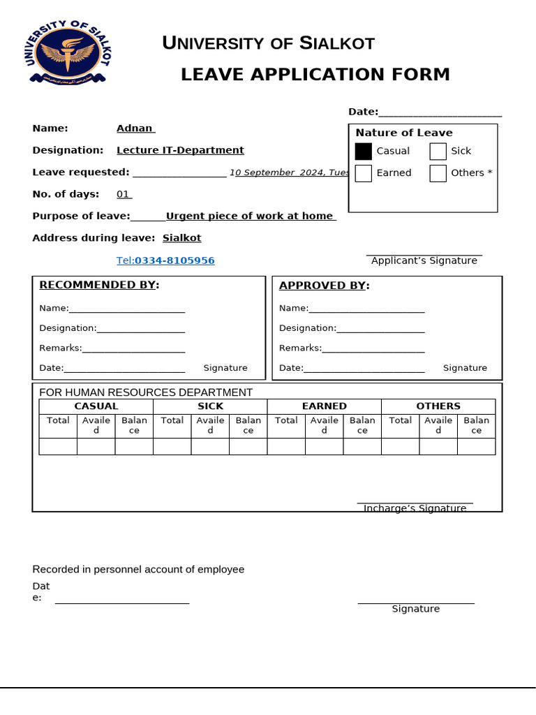 Leave Application Form | PDF