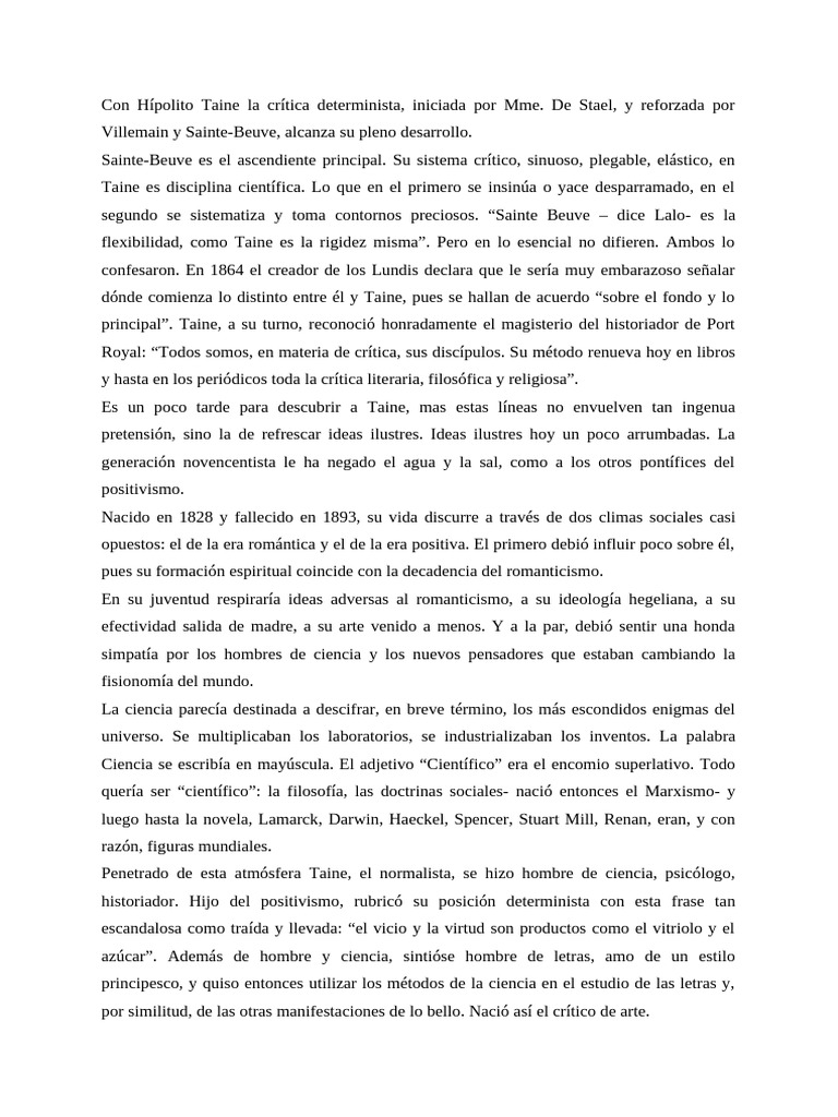 Hípolito Taine La Crítica Determinista | PDF