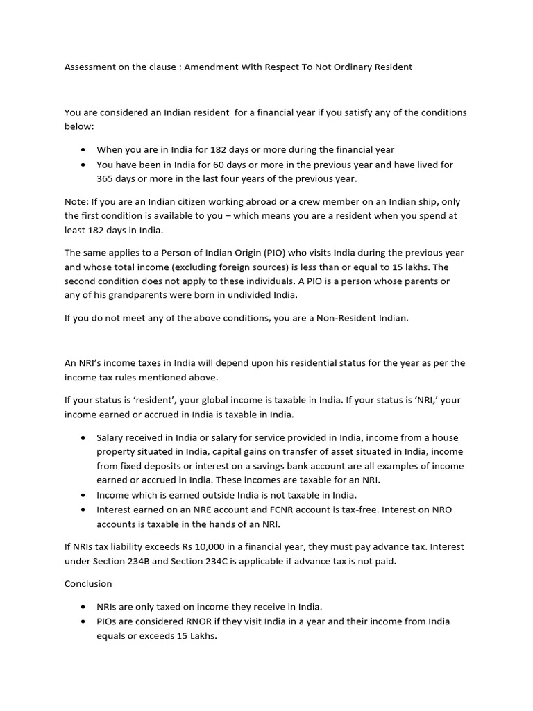 Assessment On NRI & RNOR | PDF