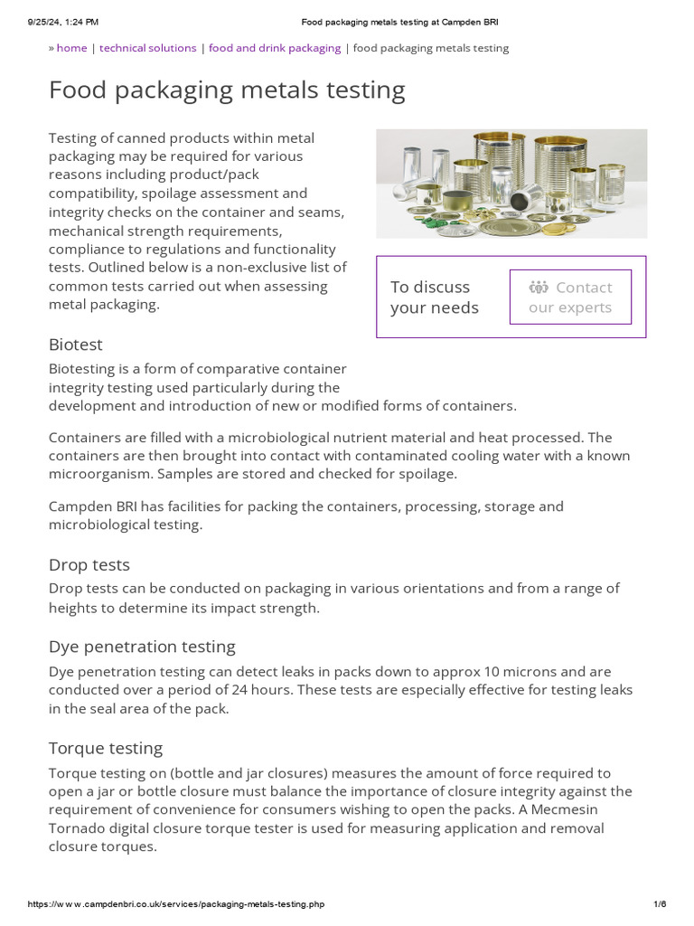 Food Packaging Metals Testing at Campden BRI | PDF