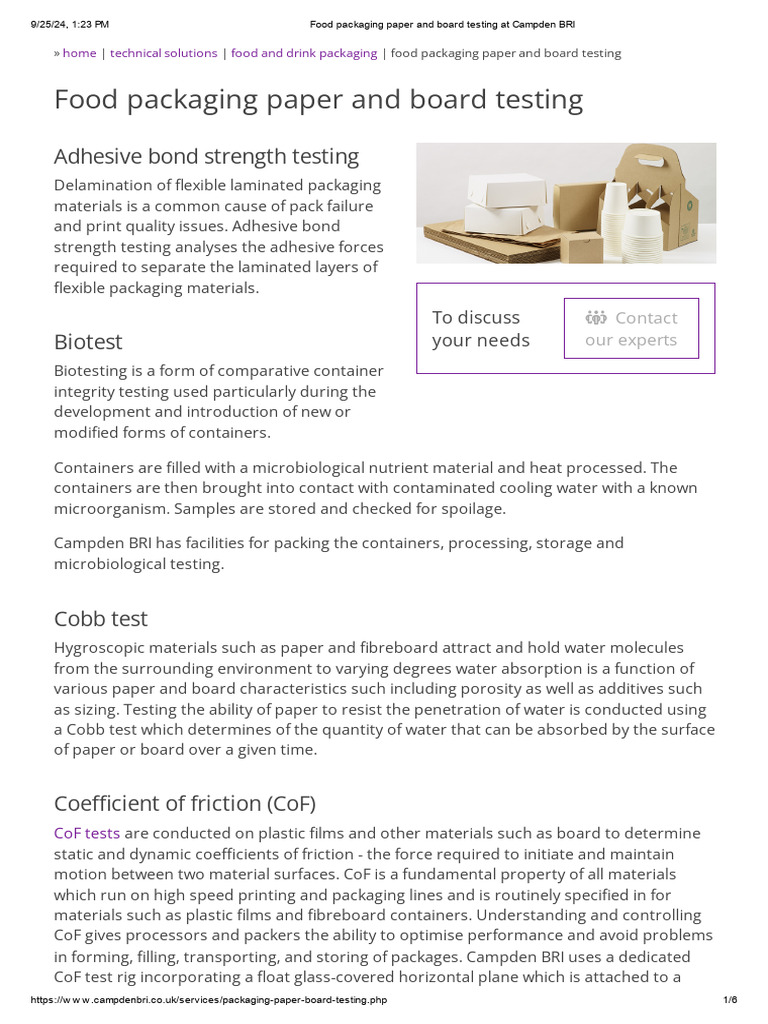 Food Packaging Paper and Board Testing at Campden BRI | PDF
