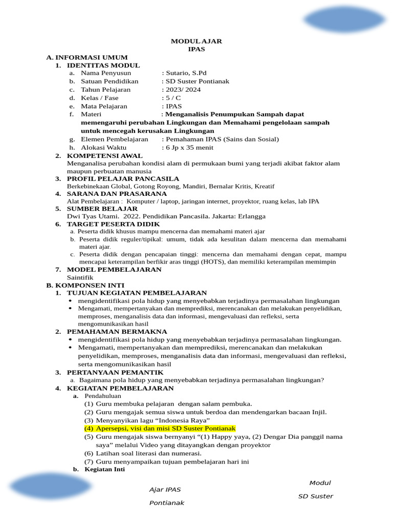 Modul Ajar IPAS SD Suster Pontianak | PDF