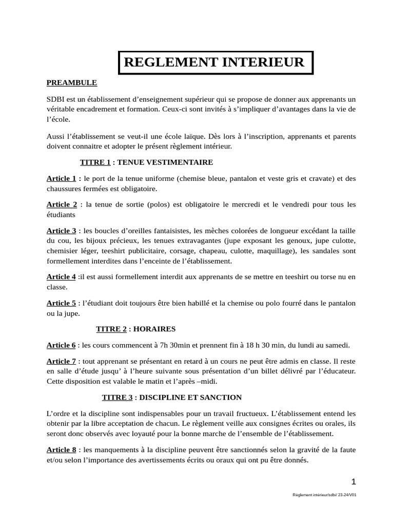Reglement Interieur Ecole | PDF