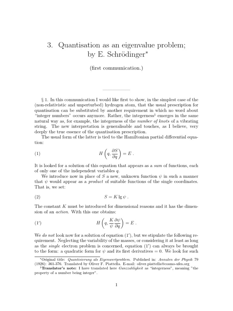 Quantisation As An Eigenvalue Problem Schrodinger | PDF