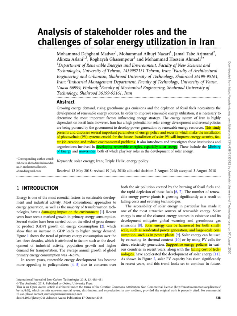 1 - Analysis of Stakeholder Roles and The Challenges of Solar Energy Utilization in Iran | PDF