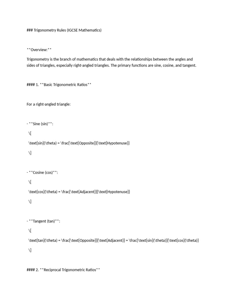 Trig Rules IGCSE Note PDF