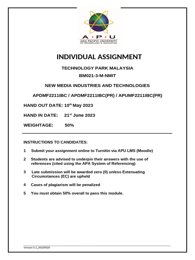 APU Assignment Cover - Master - NMIT - Individual Project - RCW | PDF APU Assignment Cover - Master - NMIT - Individual Project - RCW | PDF
