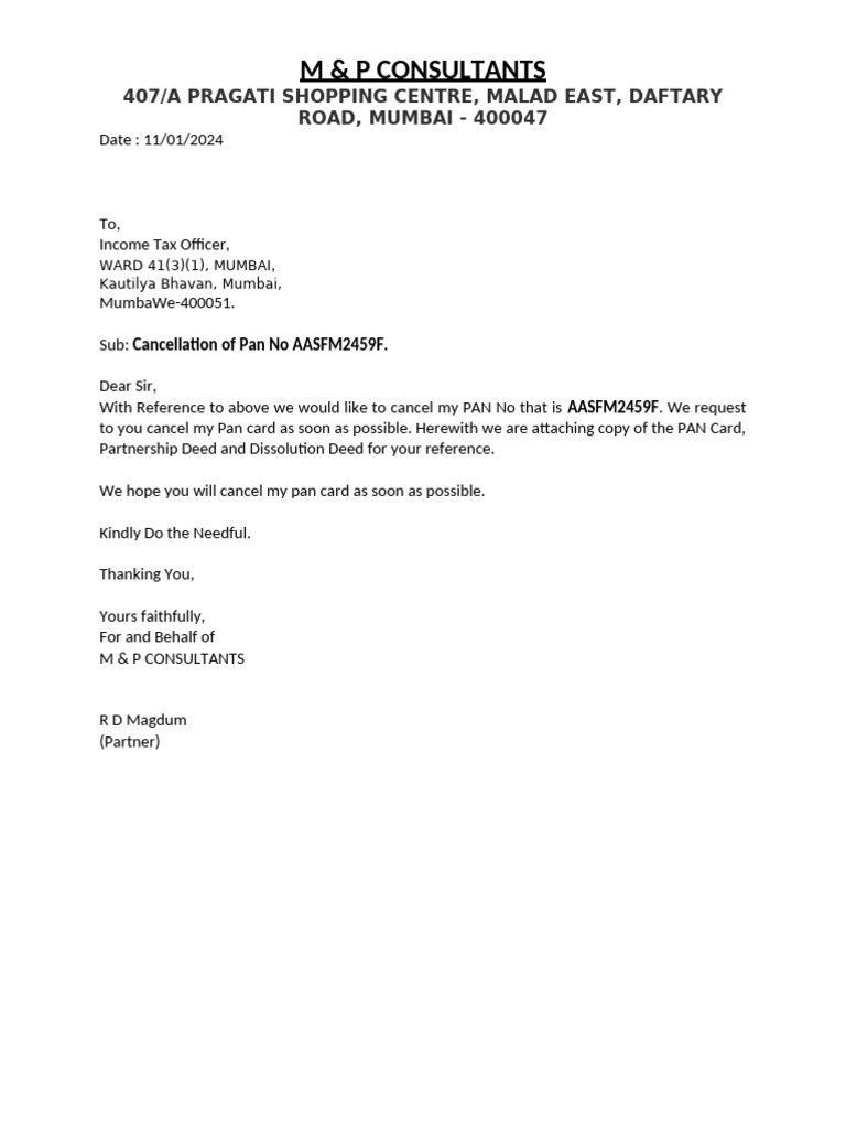 Letter For Cancellation of Pan | PDF
