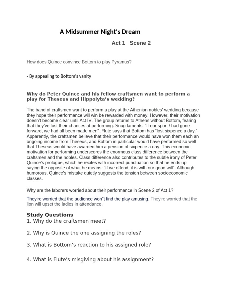 Act 1 Scene 2 Midummer Night Dream | PDF