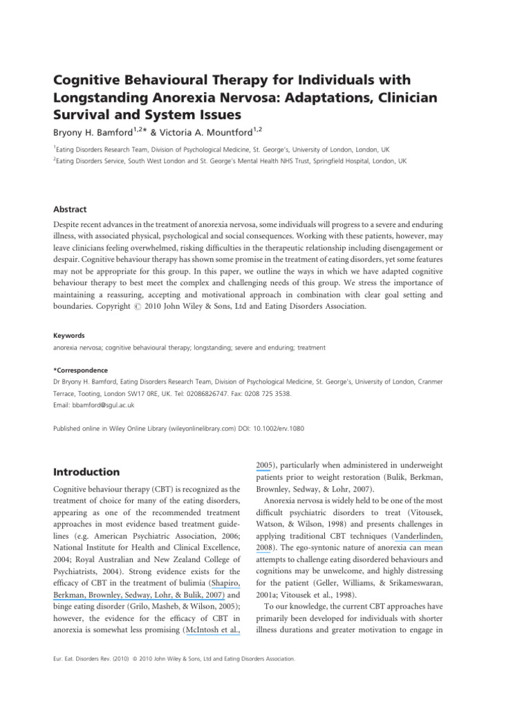 Cognitive Behavioural Therapy For Anorexia Nervosa | PDF