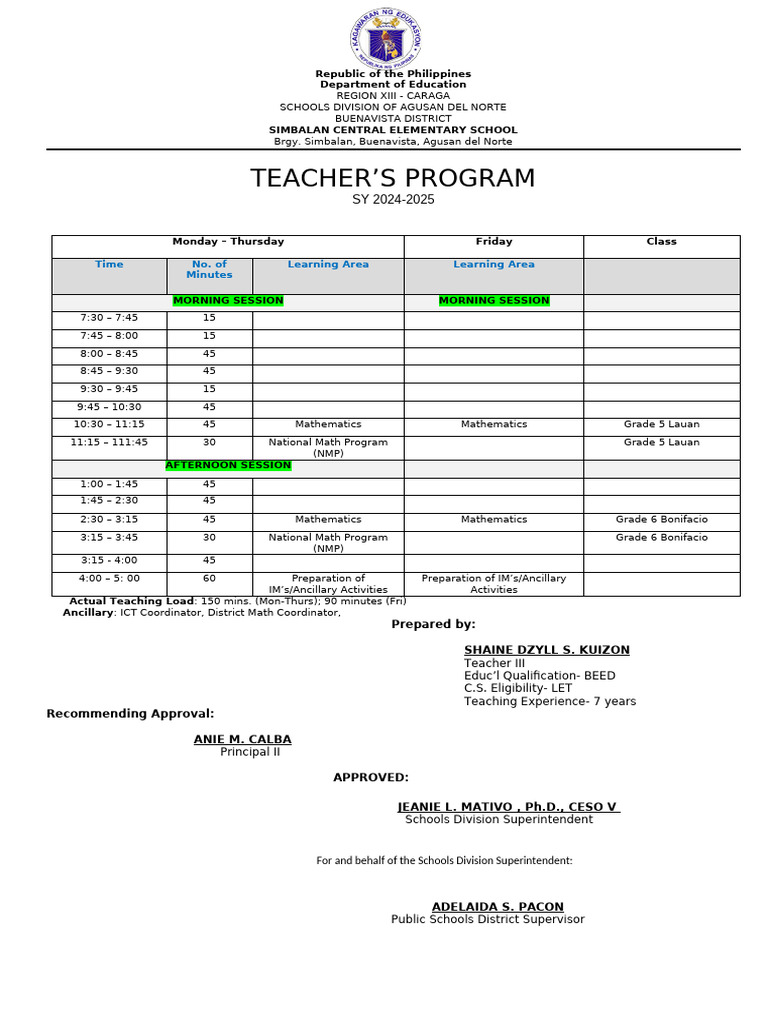 Teacher's Program K To Grade 6 SY 2023 2024 FINAL | PDF