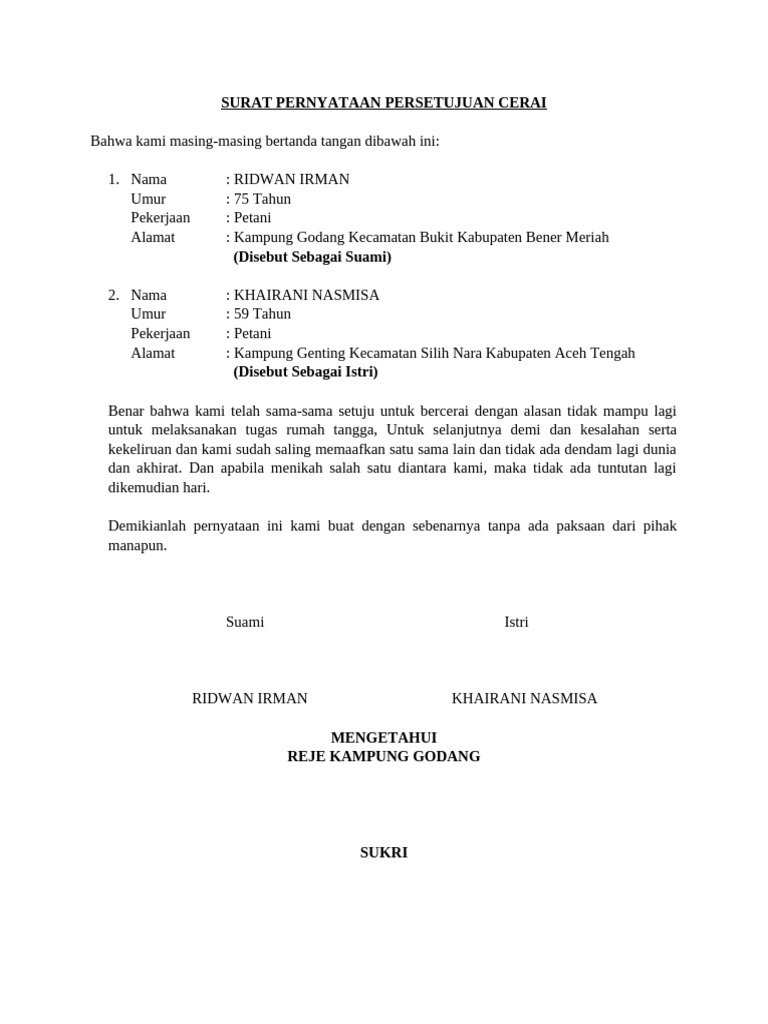 Surat Pernyataan Persetujuan Cerai | PDF