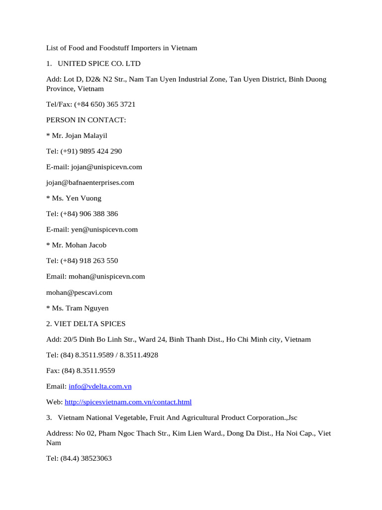 List of Food Importers in Vietnam | PDF