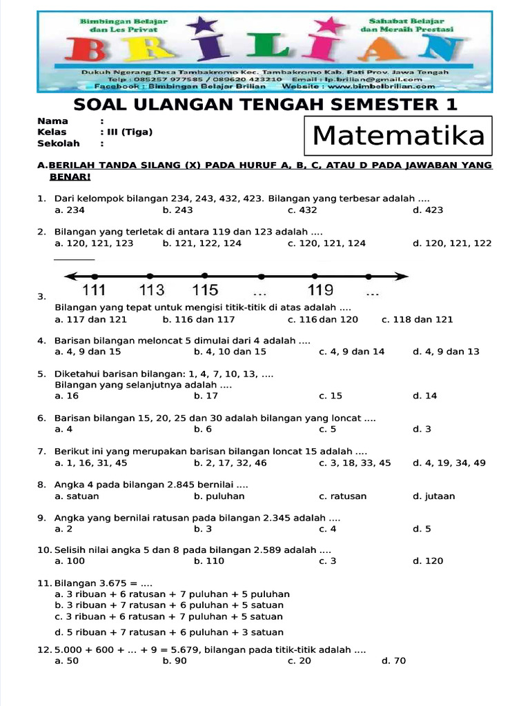PDF Soal Uts Matematika Kelas 3 SD Semester 1 Ganjil Dan Kunci Jawaban - Compress | PDF