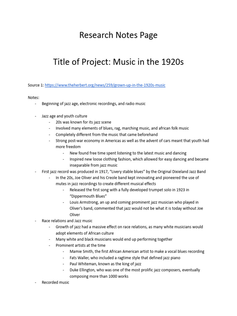 1920s Culture Fair - Research Notes Page | PDF