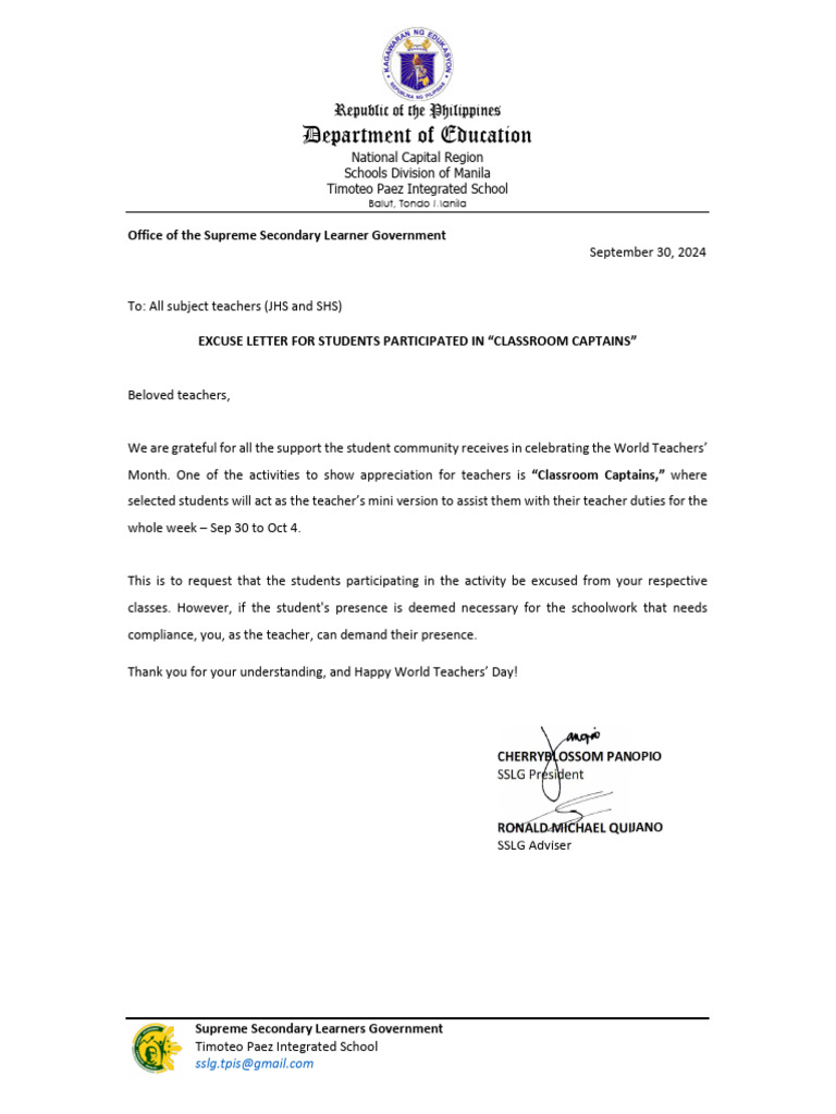 Excuseletter Classroom Captain | PDF