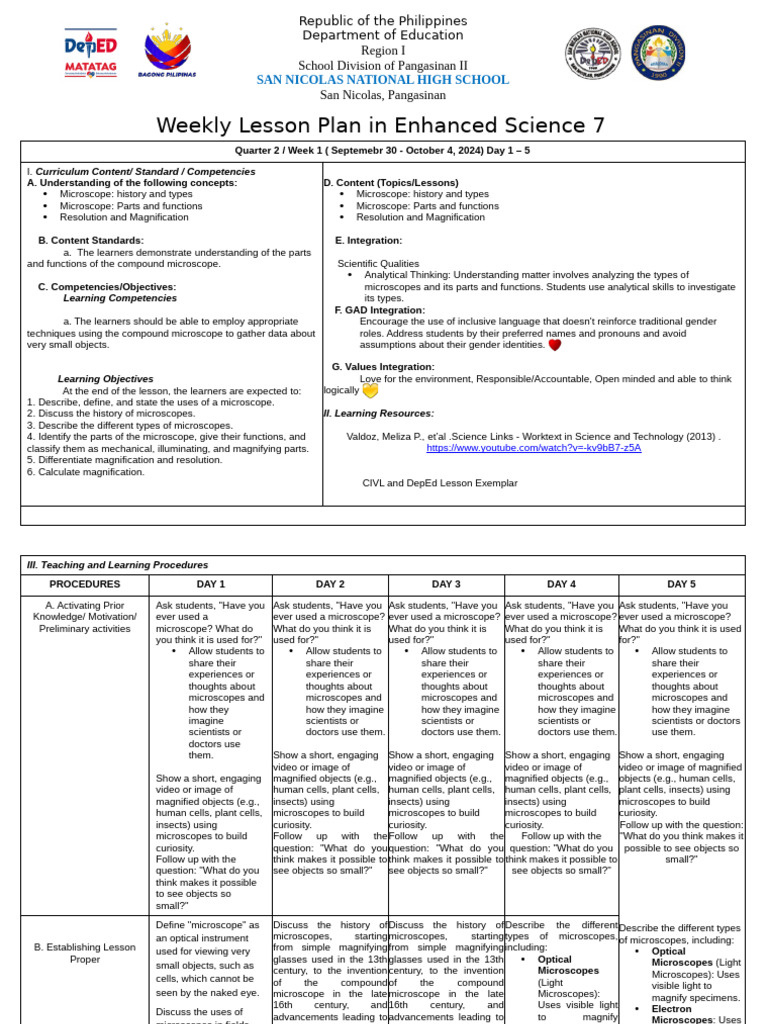 Enhanced Science 7 WLP Quarter 2 - Week 1 - September 30-October 4 ...