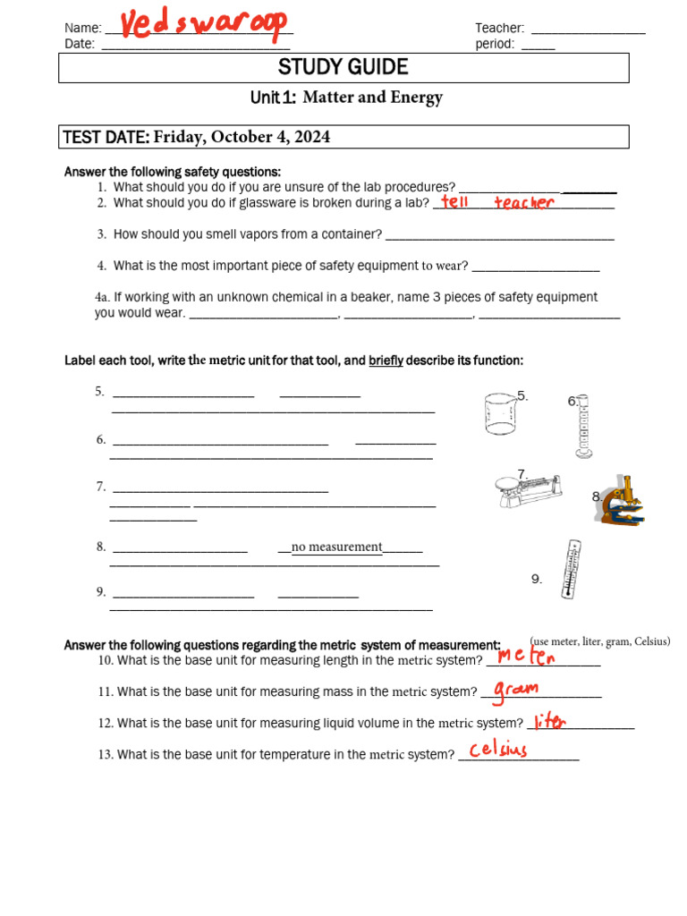 Unit 1 Matter and Energy Study Guide 2024 | PDF