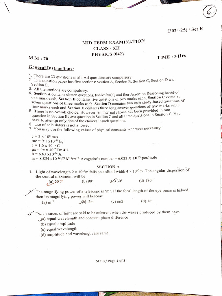 Phy - Midterm New Practice Paper For. Class 12 | PDF | Optics | Electromagnetic Radiation