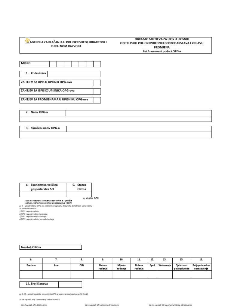 Upisnik OPG-ova Prilog 1, 2 I 5 | PDF
