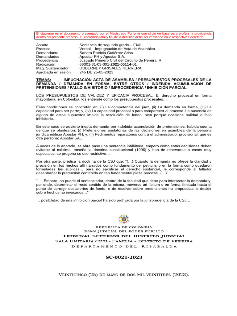 2021-00114 - SC-0021-2023 - Impugnacion Acta de Asamblea. Inepta ...
