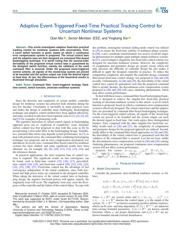 Adaptive Event-Triggered Fixed-Time Practical Tracking Control For Uncertain Nonlinear Systems | PDF