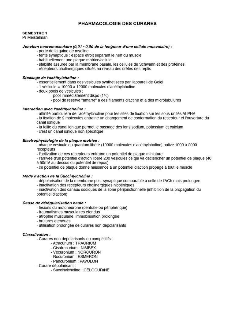 Pharmacologie Des Curares | PDF