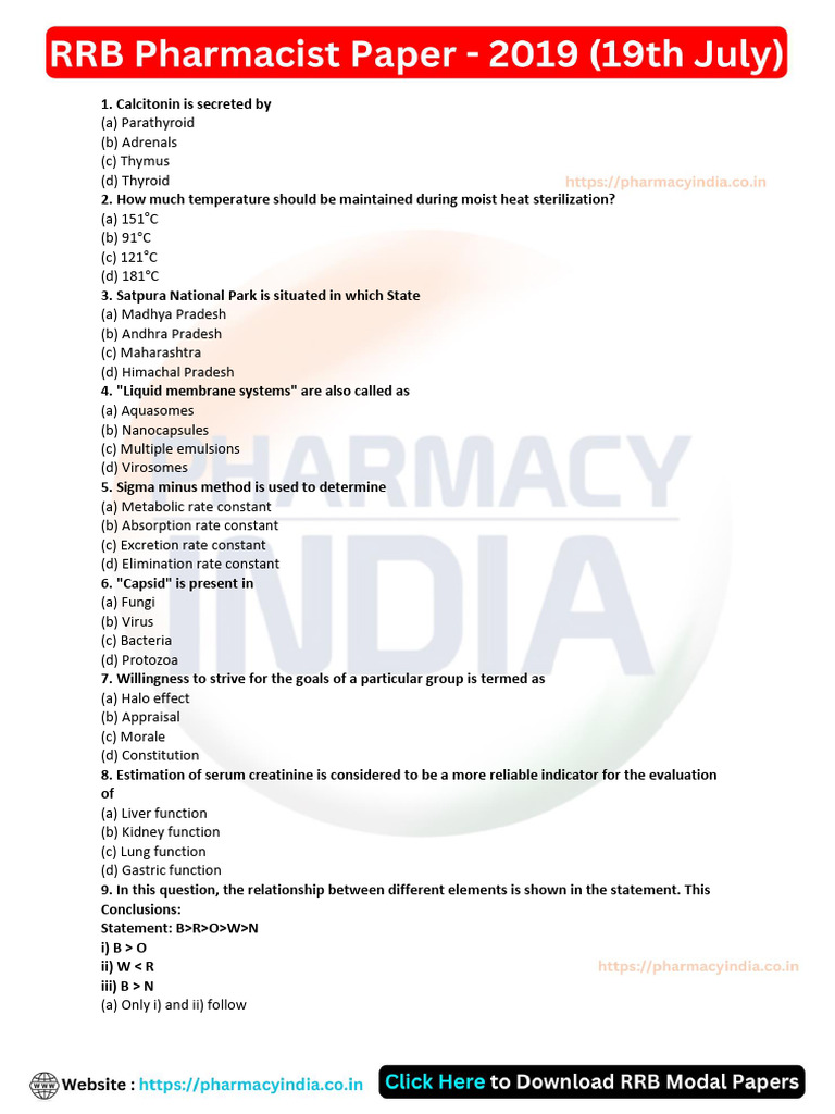 RRB Pharmacist Exam Paper 2019 19th July | PDF