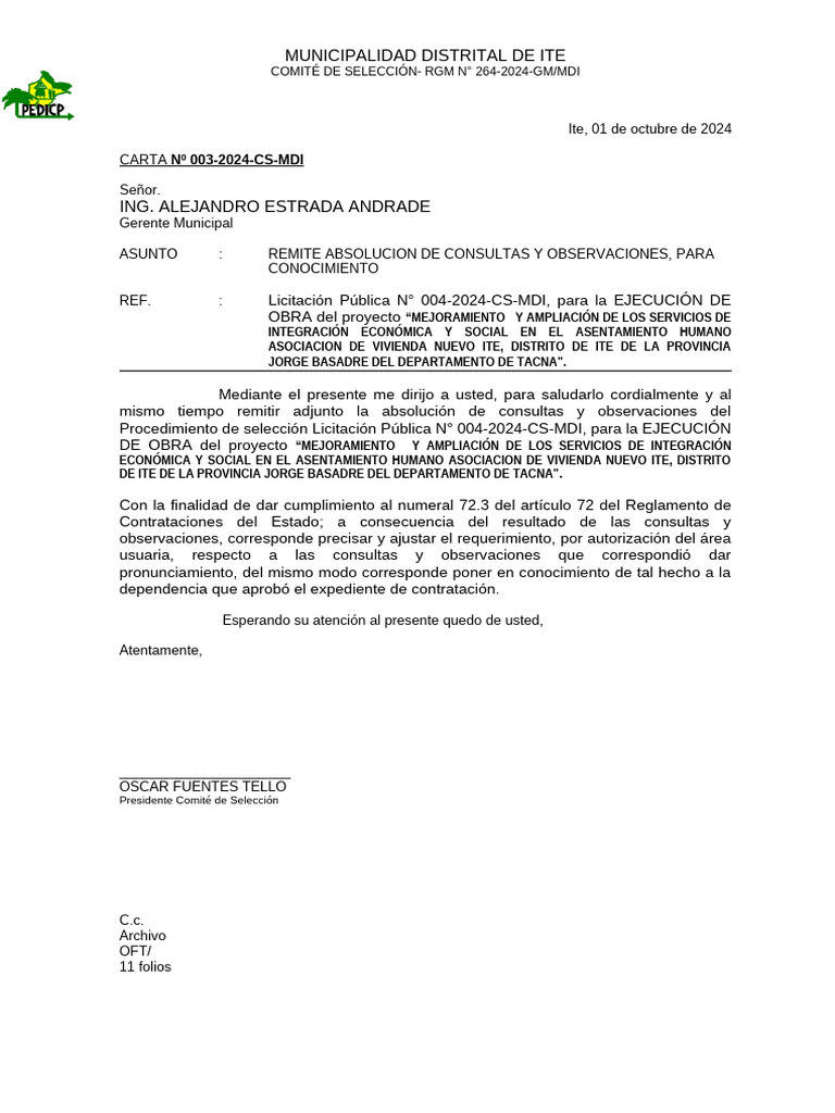 Carta #003-2024-Cs-Mdi-Informa Observaciones GM | PDF