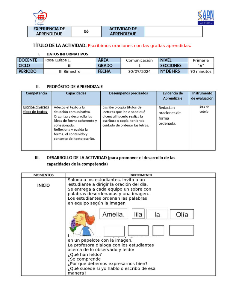 Sesion de Aprendizaje Redactamos Oraciones. | PDF