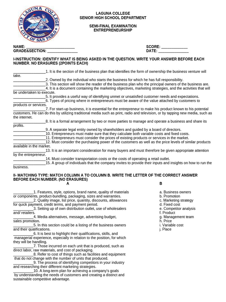 Semi-Final Exam (Entrep) | PDF