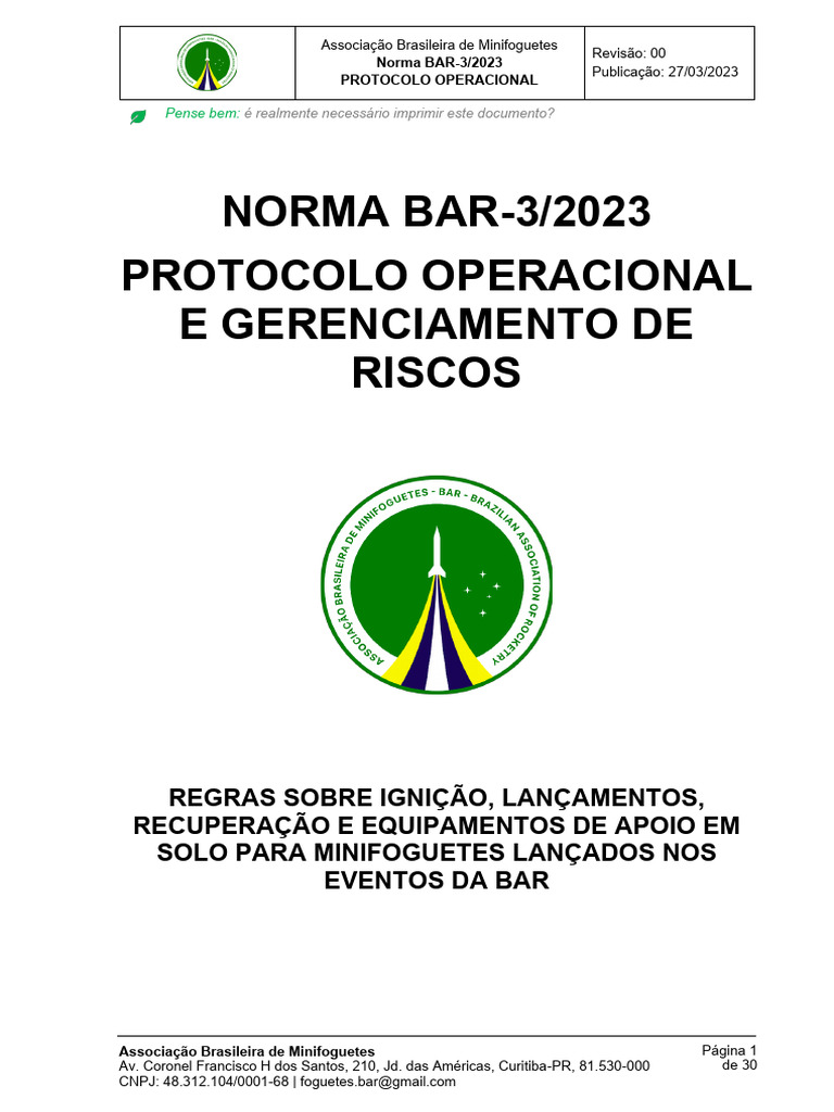 Norma BAR-3-2023 - Protocolo Operacional para Lançamentos, Recuperação ...