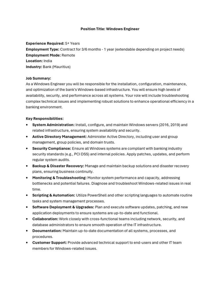 JD - Windows Engineer | PDF