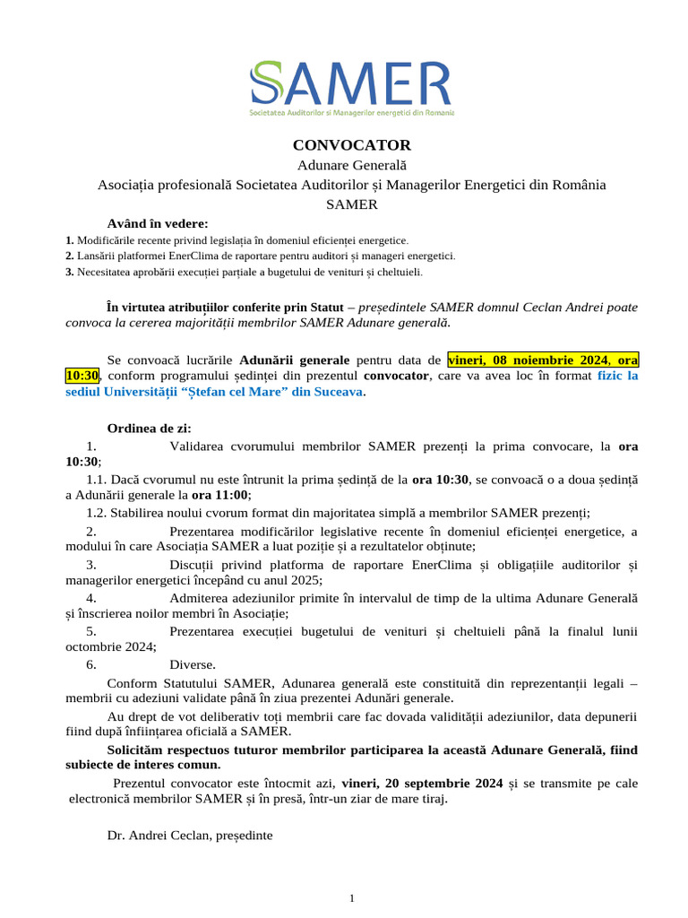 Convocator AG Ordinar SAMER - Septembrie 2024 | PDF