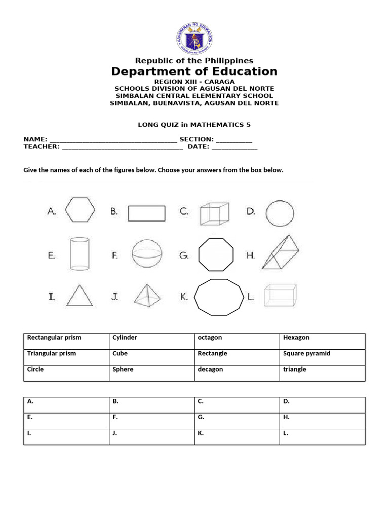 Long Quiz Mathematics 5 Solid Figure and Flat Figures | PDF