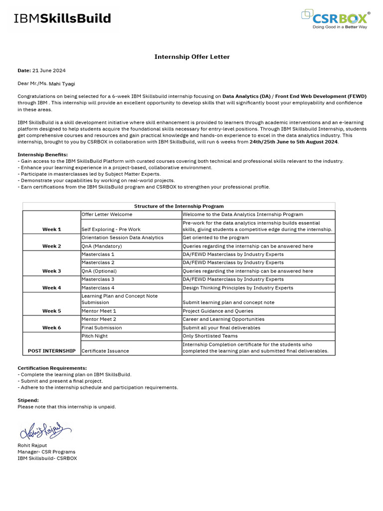 IBM SkillsBuild Internship Offer Letter (Mahi) | PDF